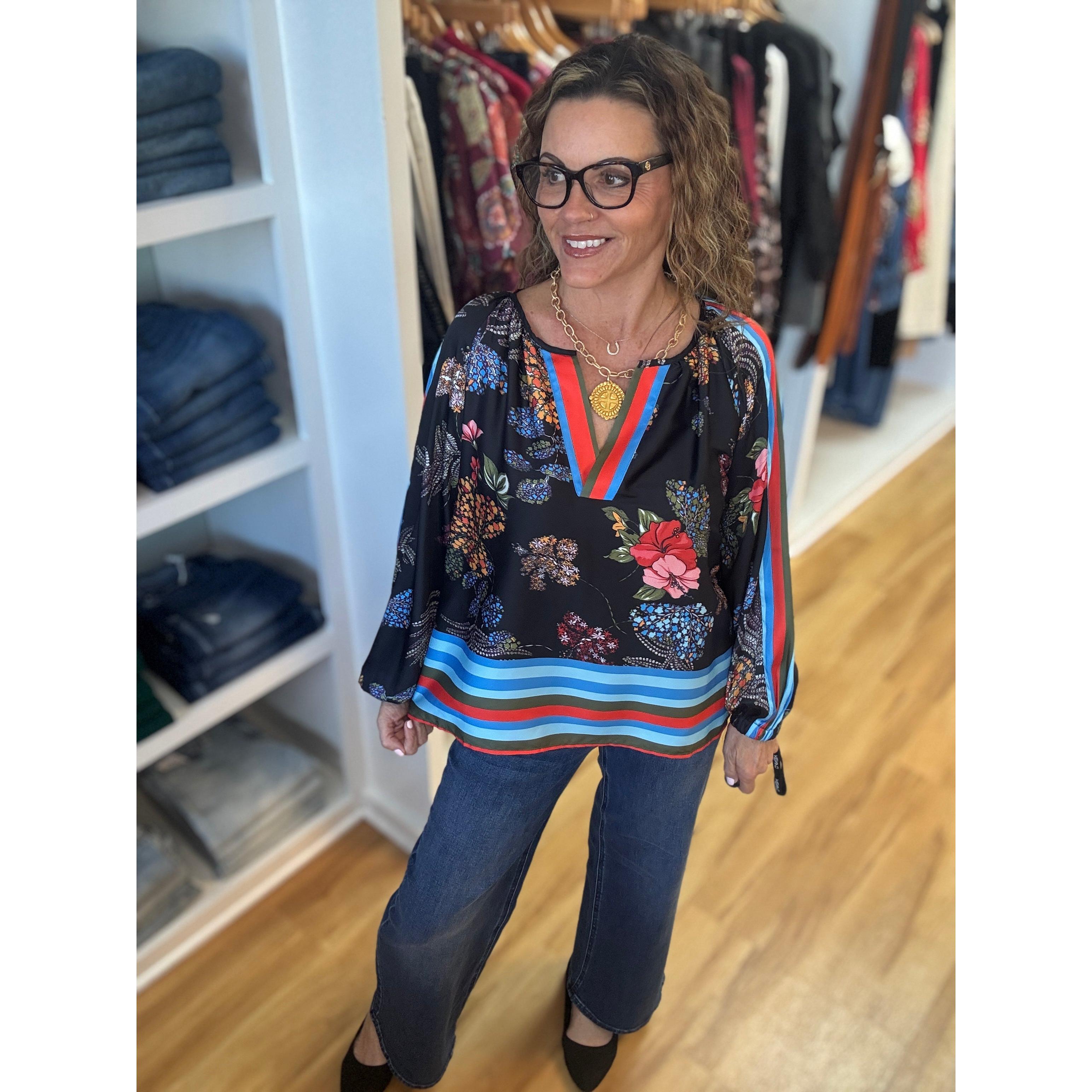 Jade Split Peasant Top - Midnight Garden – Sandy Toes Boutique